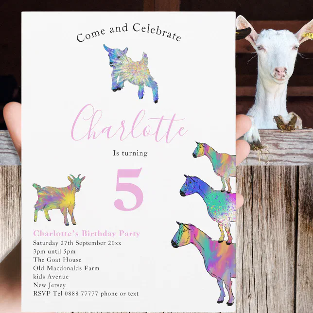 Goats Watercolor Birthday Party Pink Invitation | Zazzle
