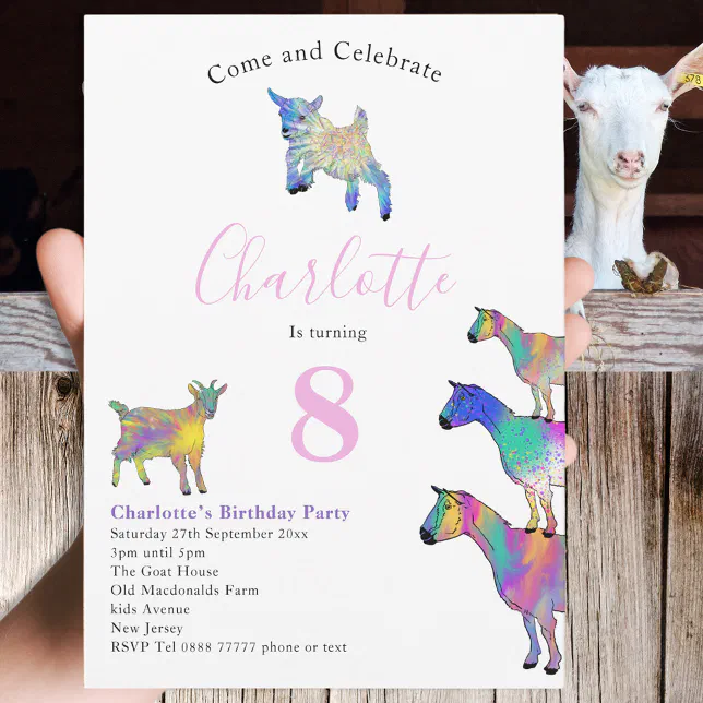 Goats Watercolor Birthday Party Pink Invitation | Zazzle