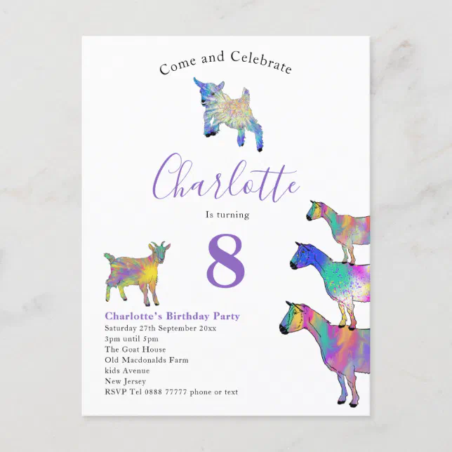 Goats Watercolor Birthday Party Purple Invitation Postcard | Zazzle