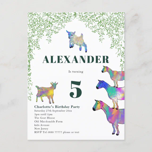 Goats Watercolor Foliage Birthday Party Invitation Postcard | Zazzle
