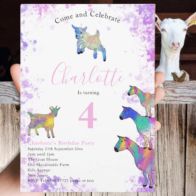 Goats Watercolor Girls Birthday Party Pink Invitation | Zazzle