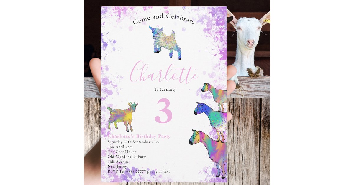 Goats Watercolor Girls Birthday Party Pink Invitation | Zazzle