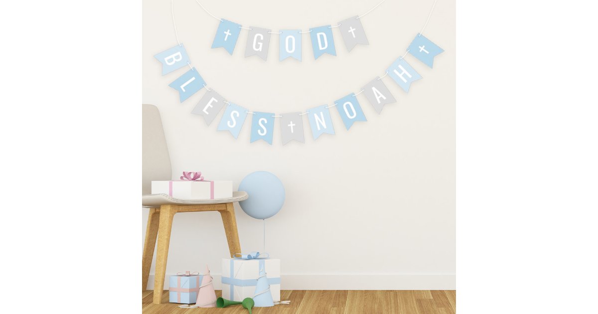 God Bless Blue and Gray Custom Name Baptism Bunting Flags | Zazzle