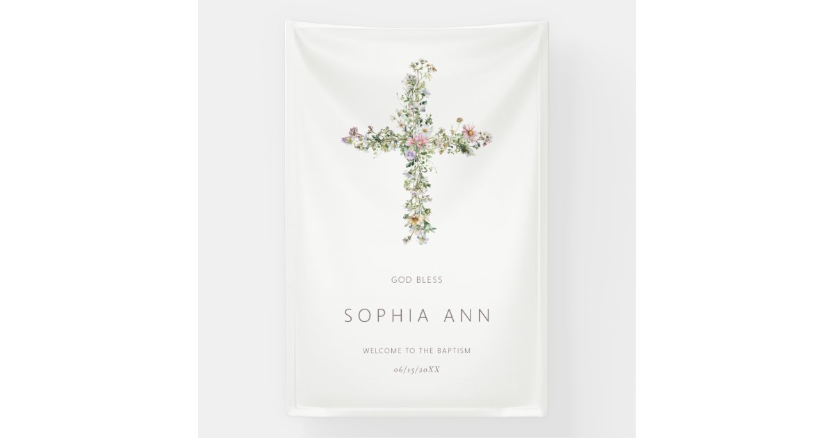 God Bless Welcome Meadow wildflower cross Baptism Banner | Zazzle