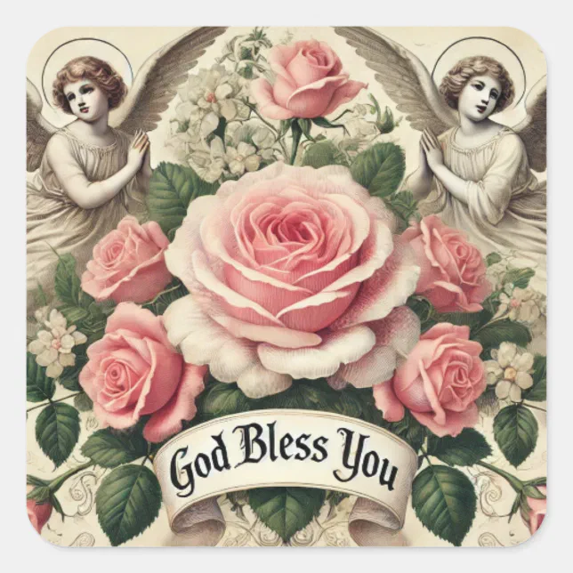 God Bless You Roses Angels Religious Square Sticker | Zazzle