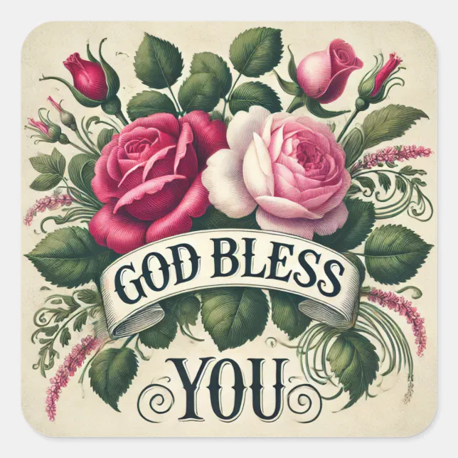 God Bless You Roses Vintage Square Sticker | Zazzle
