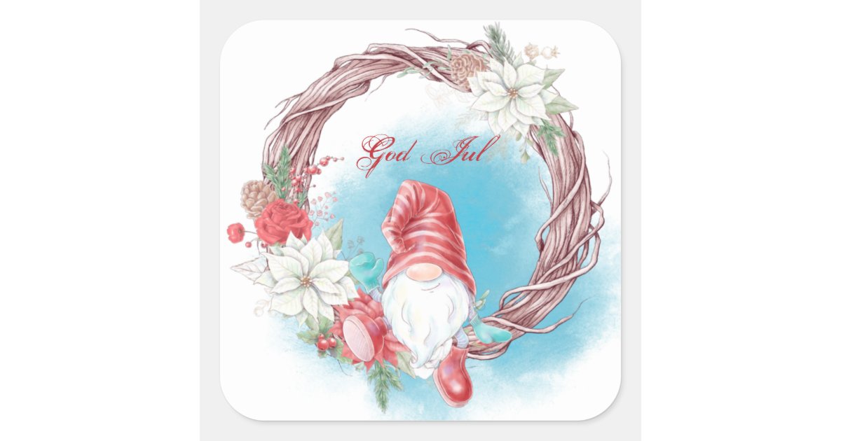 God Jul Gnome Wreath Square Sticker | Zazzle
