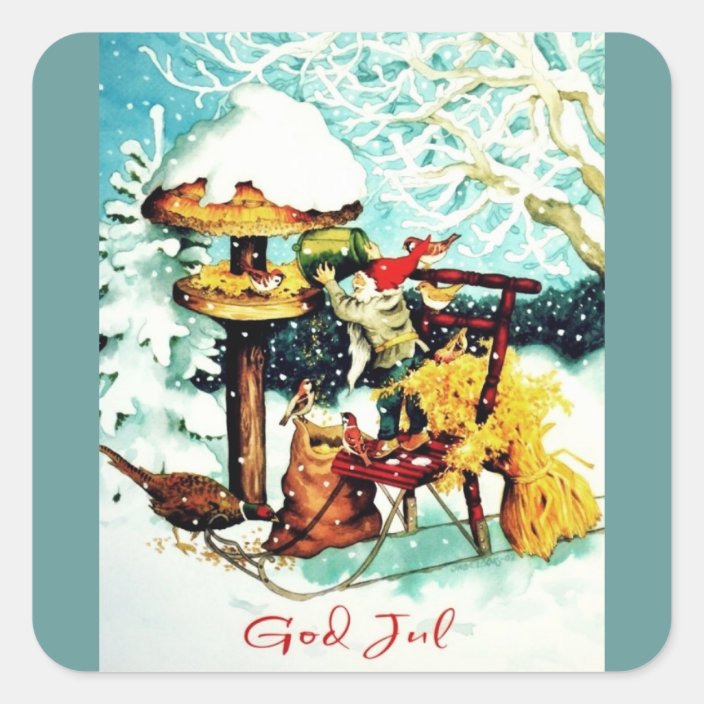 "God Jul!" Nisse Feeds Little Birds Square Sticker | Zazzle.com
