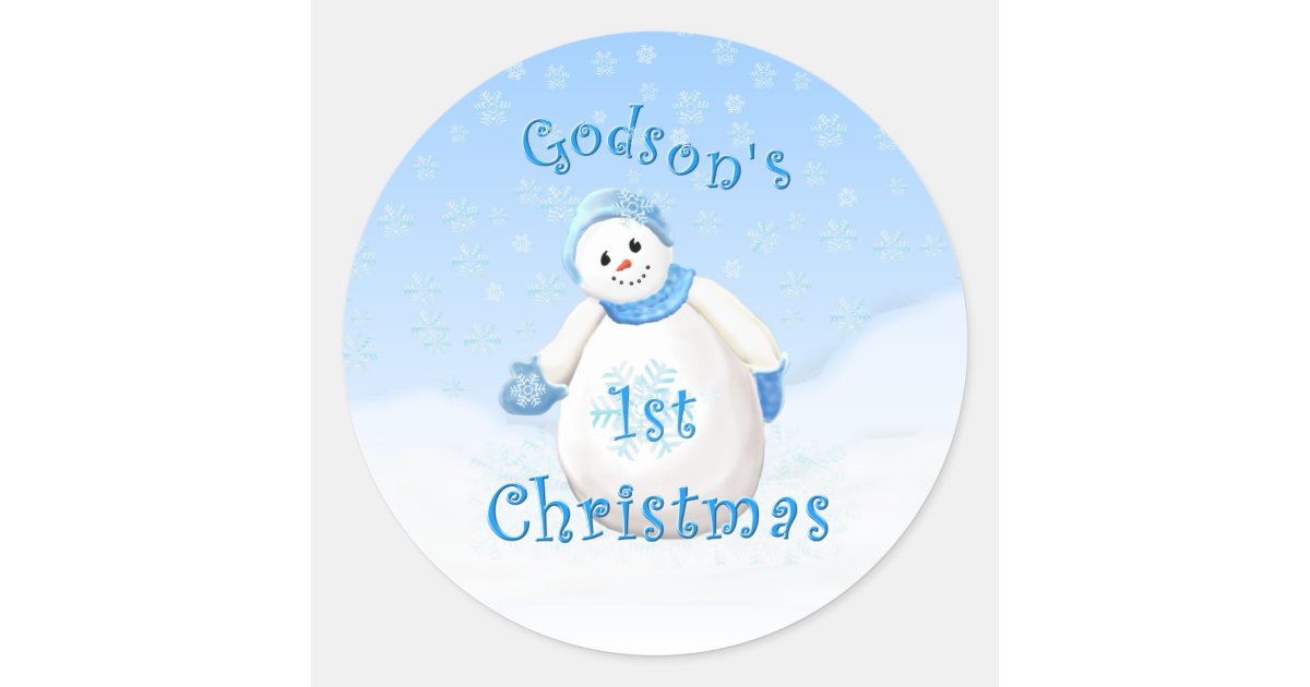 Godson's 1st Christmas Snowman Plate Classic Round Sticker | Zazzle