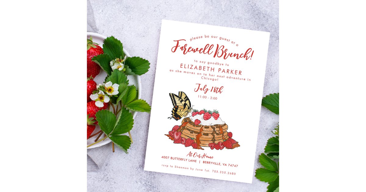 Going Away Farewell Brunch Strawberry Waffles Invitation | Zazzle