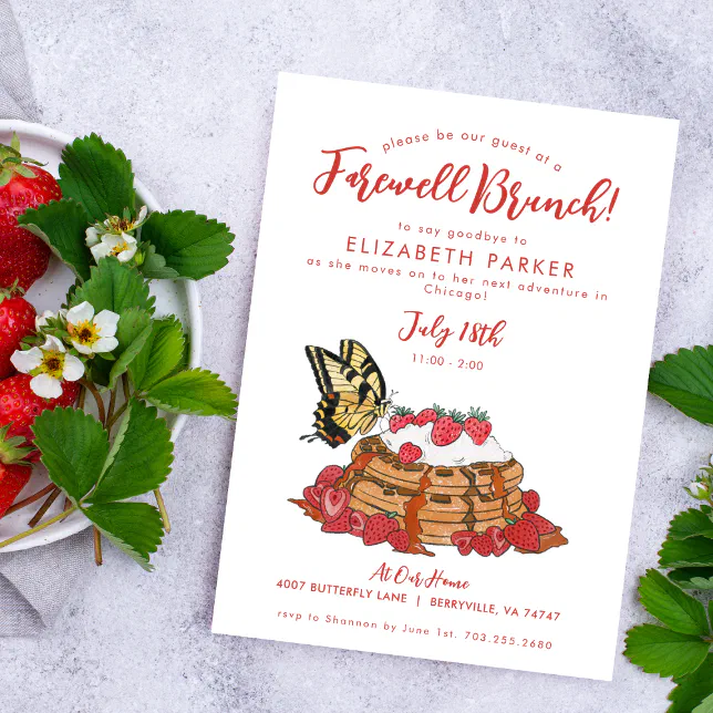 Going Away Farewell Brunch Strawberry Waffles Invitation | Zazzle
