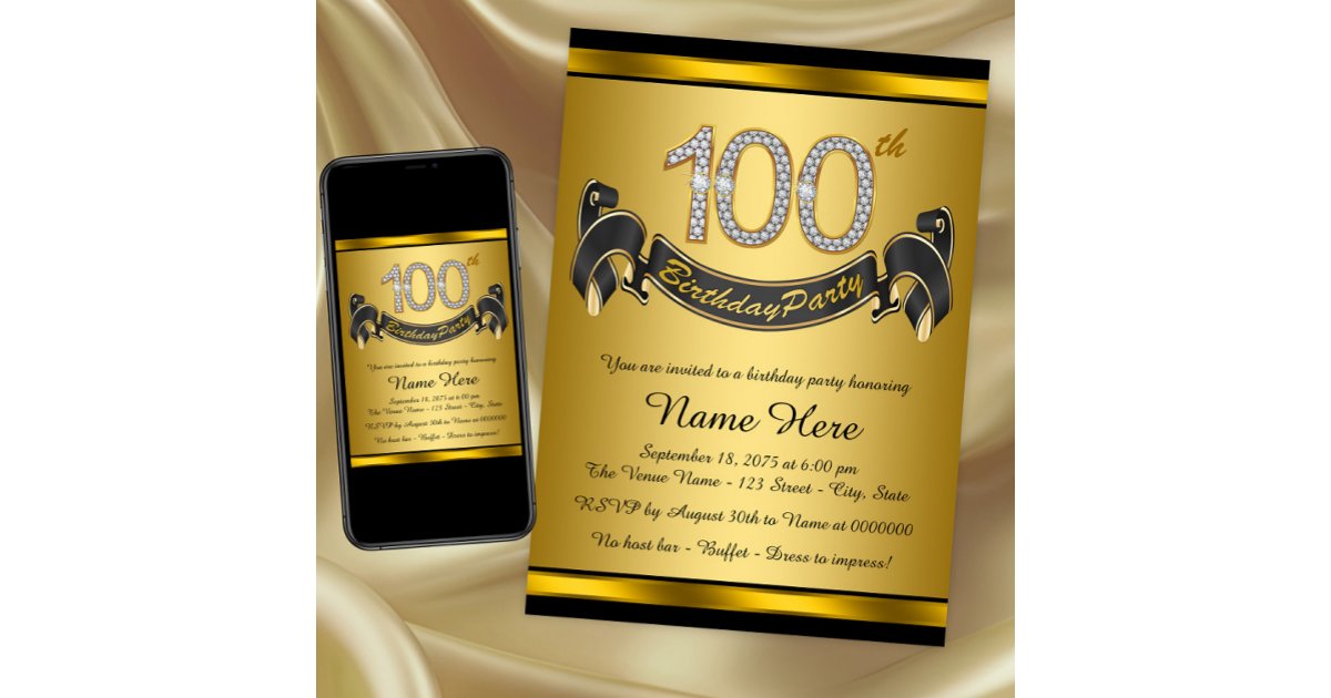 Gold 100th Birthday Party Invitation | Zazzle