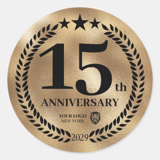 Gold 15th Anniversary Business Logo Commemorative Classic Round Sticker ...