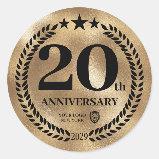 Gold 20th Anniversary Business Logo Commemorative Classic Round Sticker ...