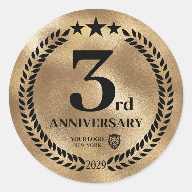 Gold 3rd Anniversary Business Logo Commemorative Classic Round Sticker ...