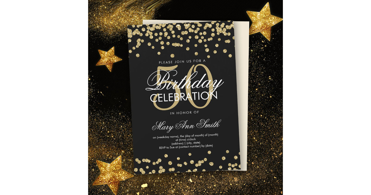 Gold 50th Birthday Glitter Confetti Black Invitation | Zazzle