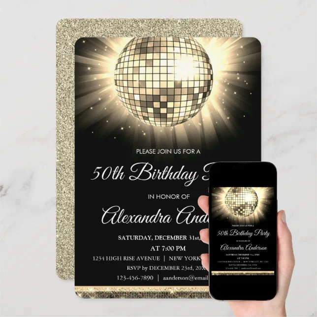 Gold 50th Birthday Party 70s Disco Ball Invitation | Zazzle