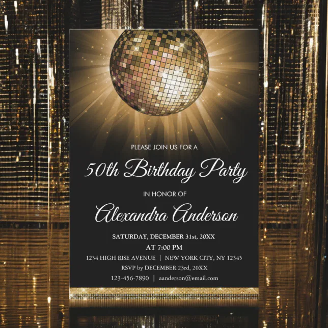 Gold 50th Birthday Party Gold Disco Ball Invitation | Zazzle