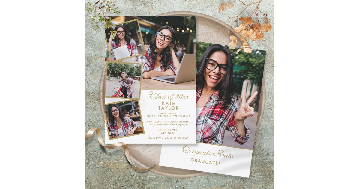 Gold 5 Photo Collage Graduation Party Invitation | Zazzle