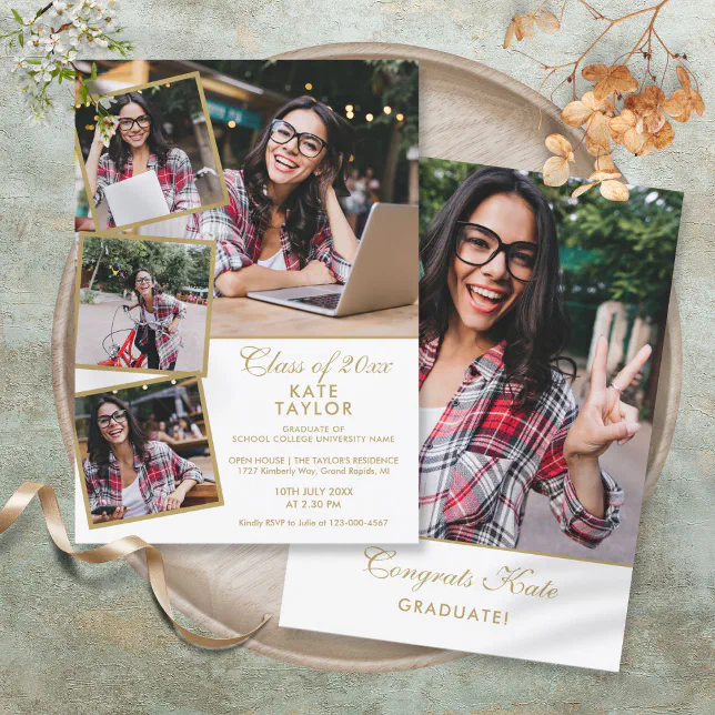 Gold 5 Photo Collage Graduation Party Invitation | Zazzle