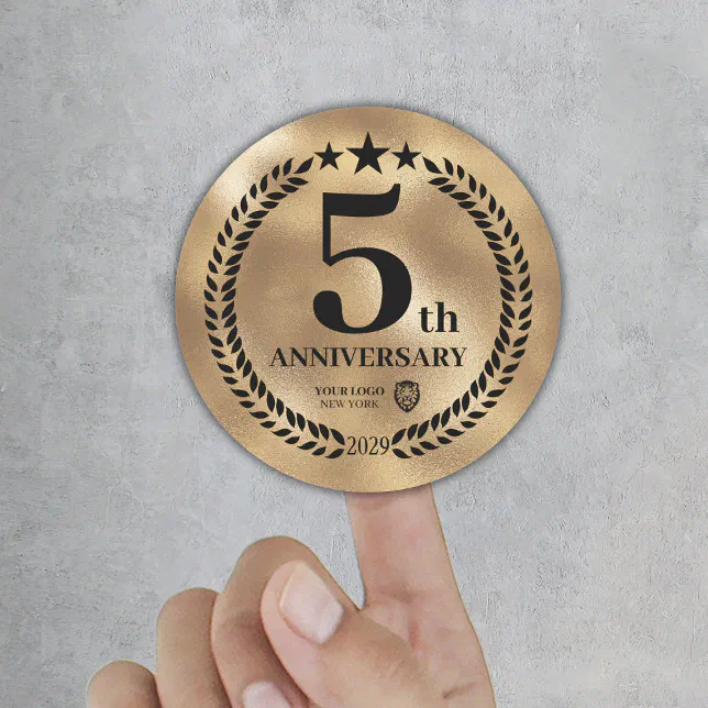 Gold 5th Anniversary Business Logo Commemorative Classic Round Sticker ...