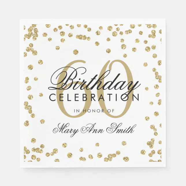 Gold 60th Birthday Glitter Confetti White Napkins | Zazzle