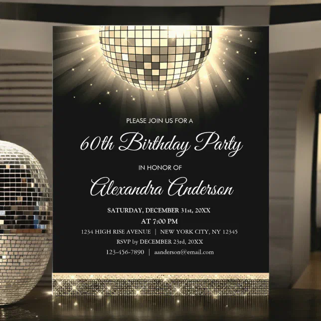 Gold 60th Birthday Party Disco Ball Invitation | Zazzle
