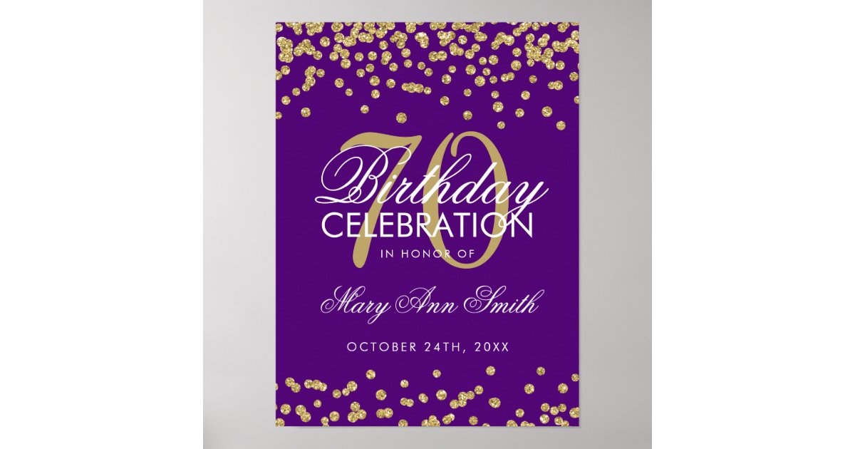 Gold 70th Birthday Glitter Confetti Purple Poster | Zazzle