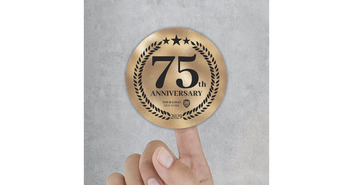 Gold 75th Anniversary Business Logo Commemorative Classic Round Sticker ...
