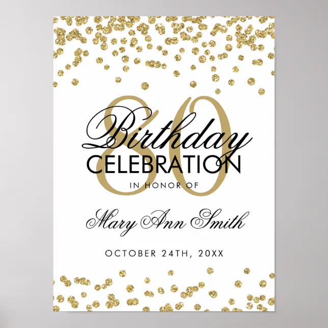 Gold 80th Birthday Glitter Confetti Poster | Zazzle