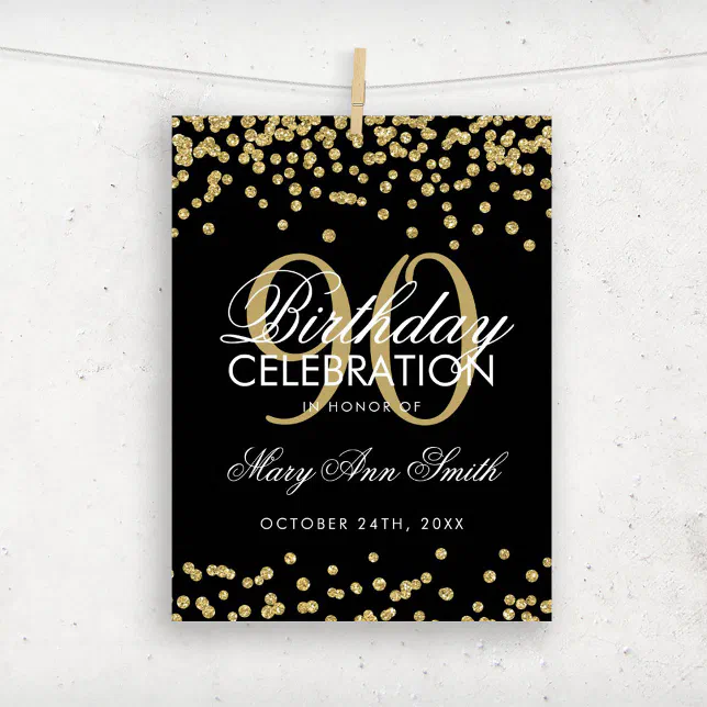 Gold 90th Birthday Glitter Confetti Black Poster | Zazzle
