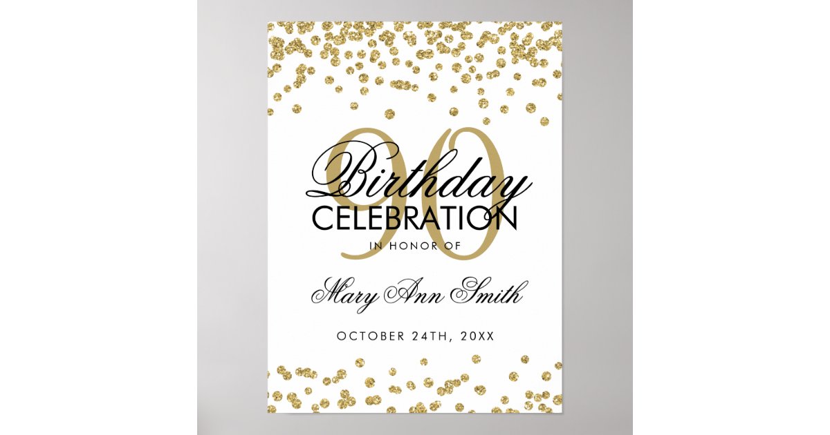 Gold 90th Birthday Glitter Confetti Poster | Zazzle