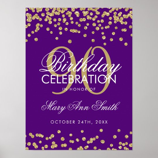 Gold 90th Birthday Glitter Confetti Purple Poster | Zazzle.com