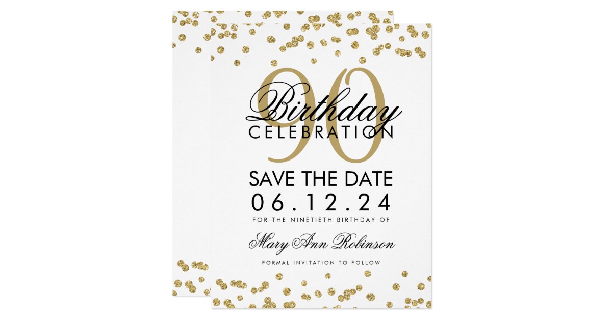 Gold 90th Birthday Save Date Confetti Invitation
