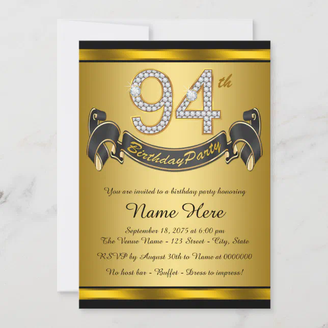 Gold 94th Birthday Party Invitation | Zazzle