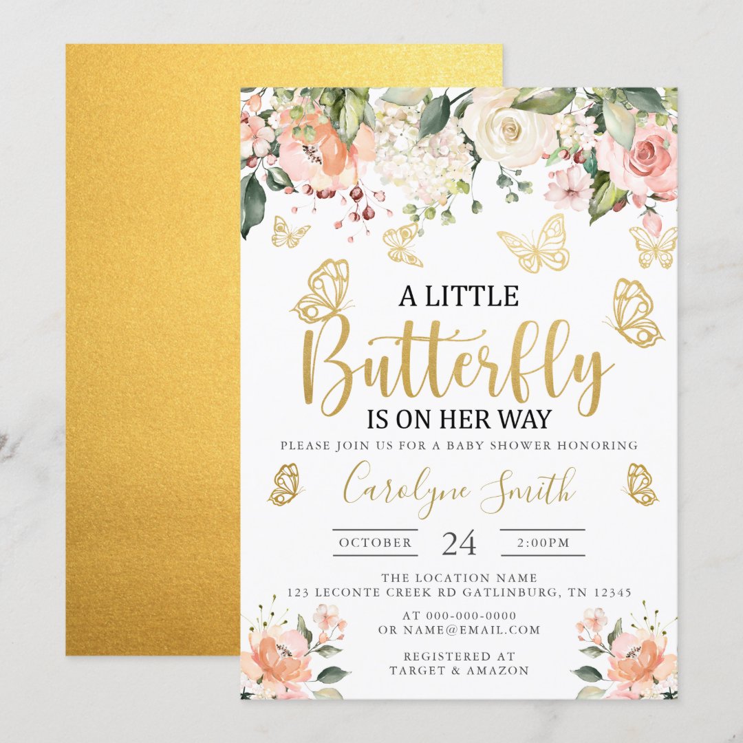 Gold A Little Butterfly Is On Her Way Baby Shower Invitation | Zazzle
