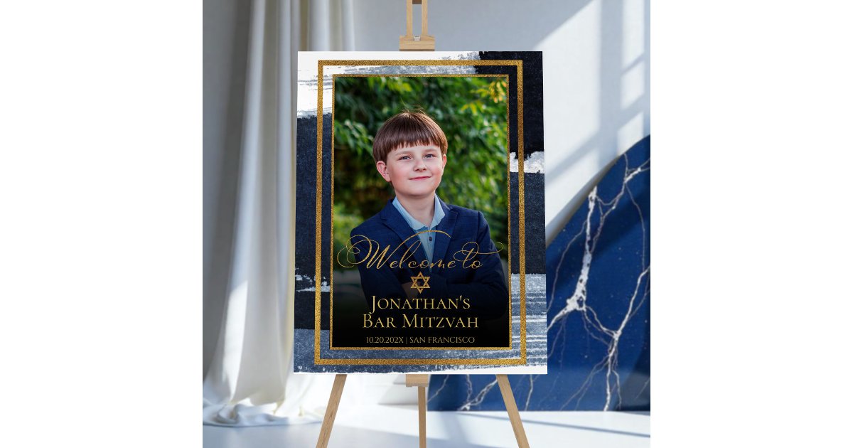 Gold Abstract Blue Bar Mitzvah Photo Welcome Sign | Zazzle