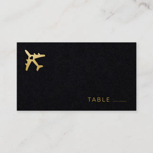 Gold Airplane Travel Theme Wedding BLACK PAPER Place Card | Zazzle