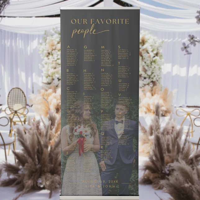 Gold Alphabetical Wedding Photo Seating Chart Retractable Banner | Zazzle