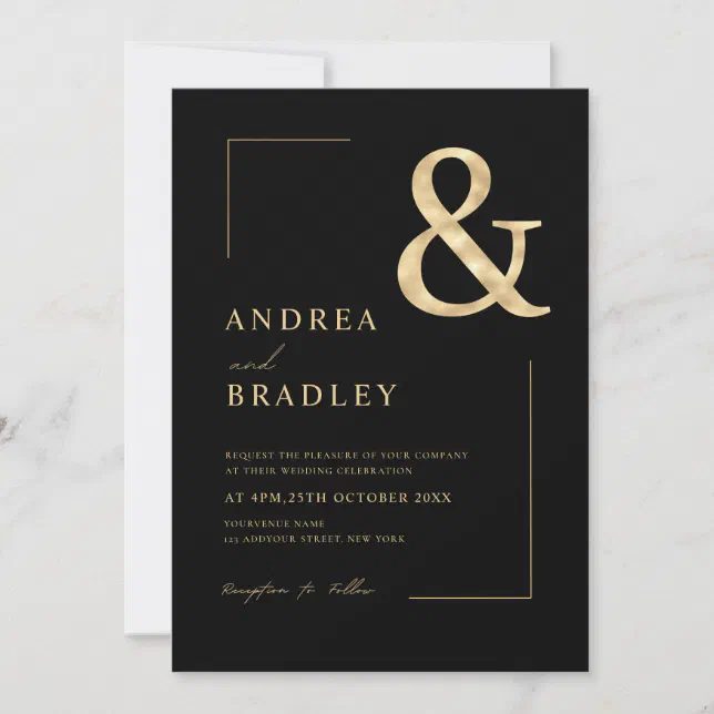 Gold Ampersand Black Geometric Photo Wedding Invitation | Zazzle