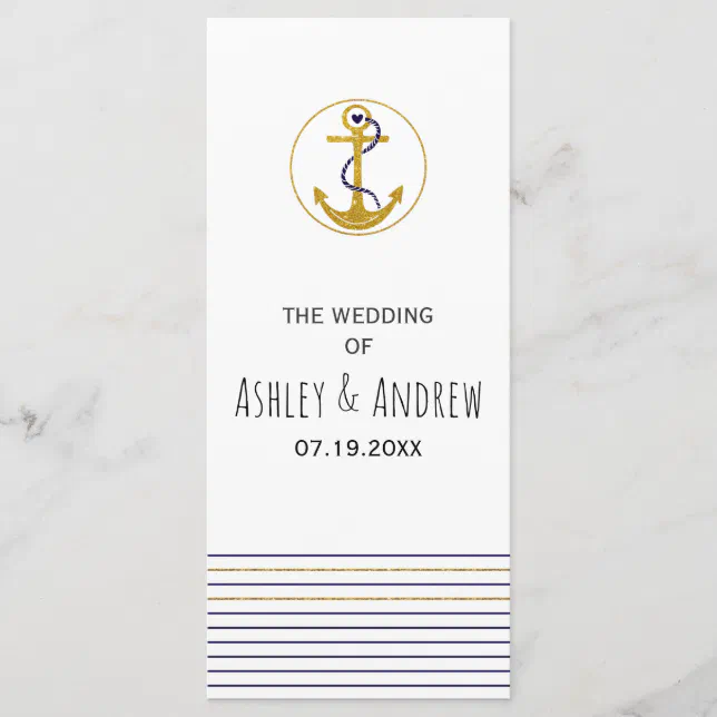 Gold anchor and stripes nautical wedding program | Zazzle