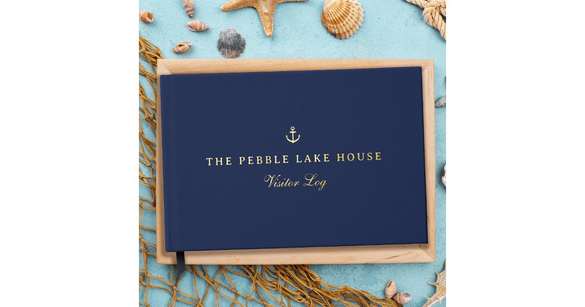 Gold Anchor Navy Blue Nautical Visitor Log Foil Guest Book | Zazzle