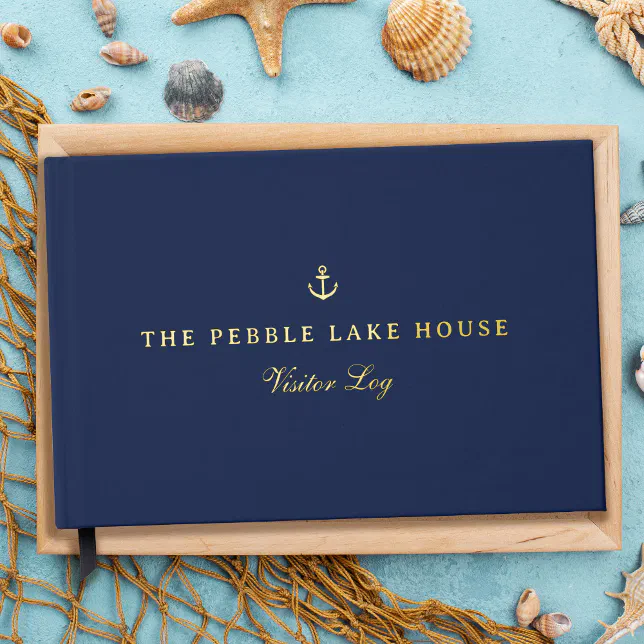 Gold Anchor Navy Blue Nautical Visitor Log Foil Guest Book | Zazzle