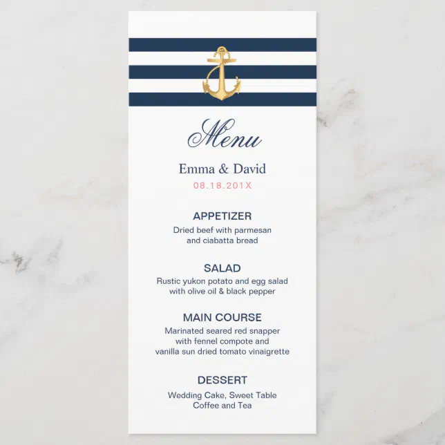 Gold Anchor Navy Stripes Nautical Wedding Menu | Zazzle