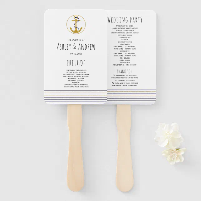 Gold anchor, navy stripes nautical wedding program hand fan | Zazzle