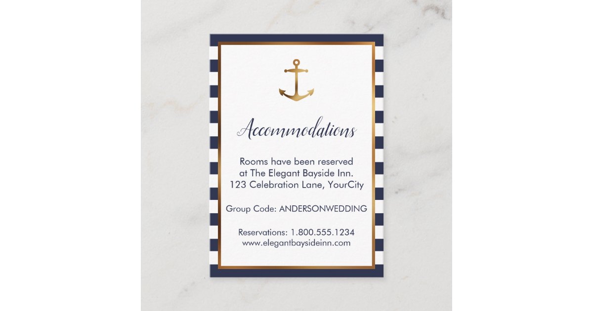 Gold Anchor Navy White Stripes Accommodation Cards | Zazzle