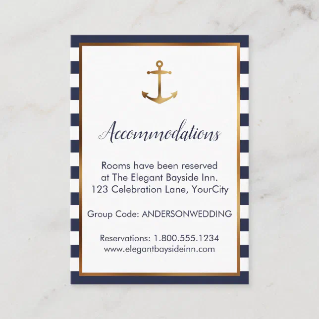 Gold Anchor Navy White Stripes Accommodation Cards | Zazzle