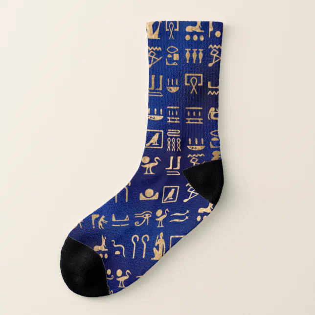 Gold Ancient Egyptian Hieroglyphics on Blue Socks | Zazzle