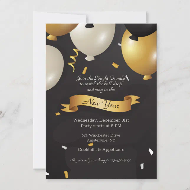 Gold and Black Balloons New Year's Eve Party Invitation | Zazzle