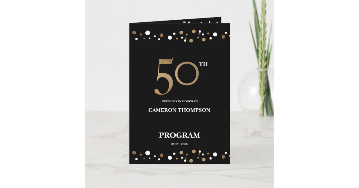 Gold and Black confetti 50th birthday program | Zazzle
